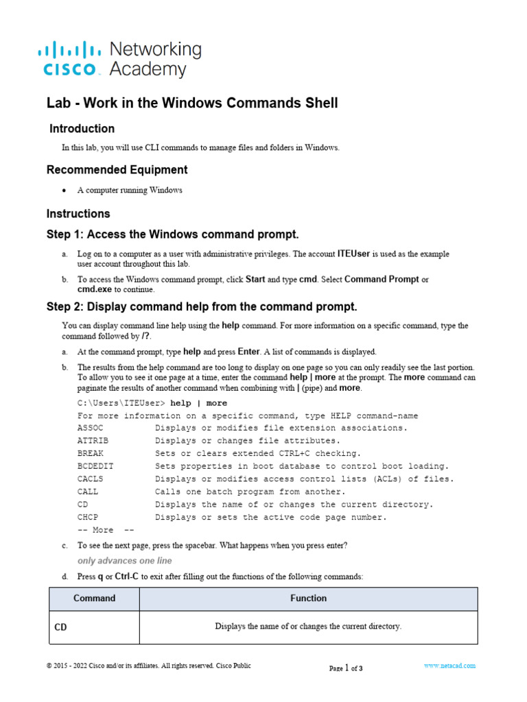 11 4 1 5 Lab Work In The Windows Command Shell Pdf Command Line Interface Computer File