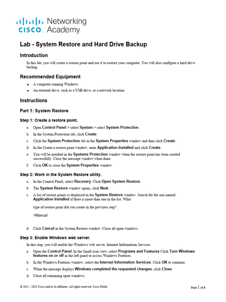 11.6.2.4 Lab - System Restore and Hard Drive Backup | PDF | Computer File | Icon (Computing)