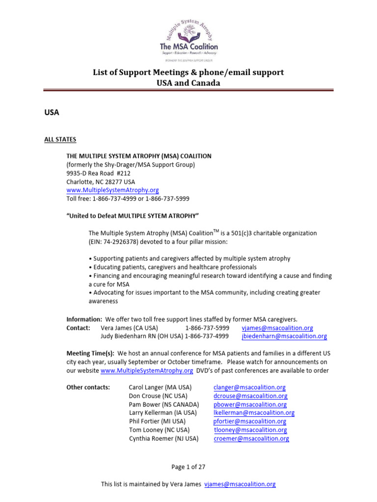MSA Support Meetings & Contacts | PDF | Human Diseases And Disorders ...