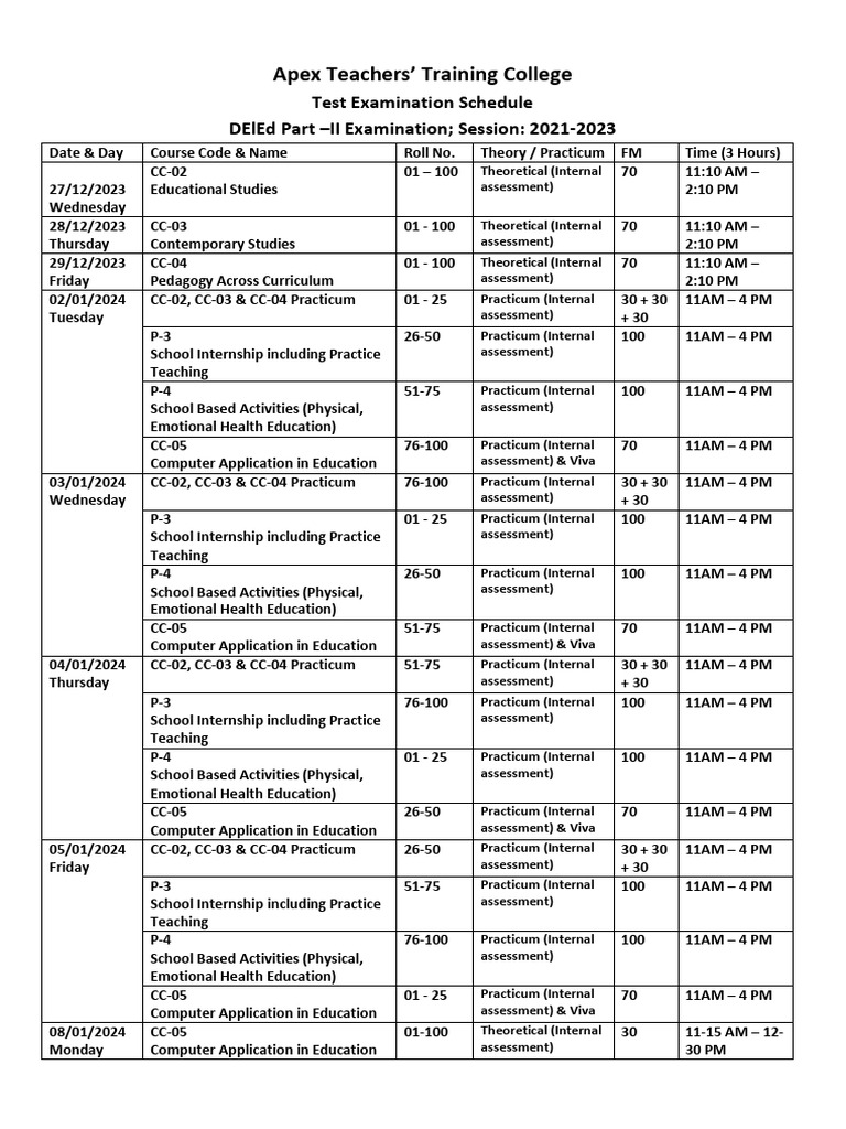 DElEd Exam Schedule 2023-2024 | PDF