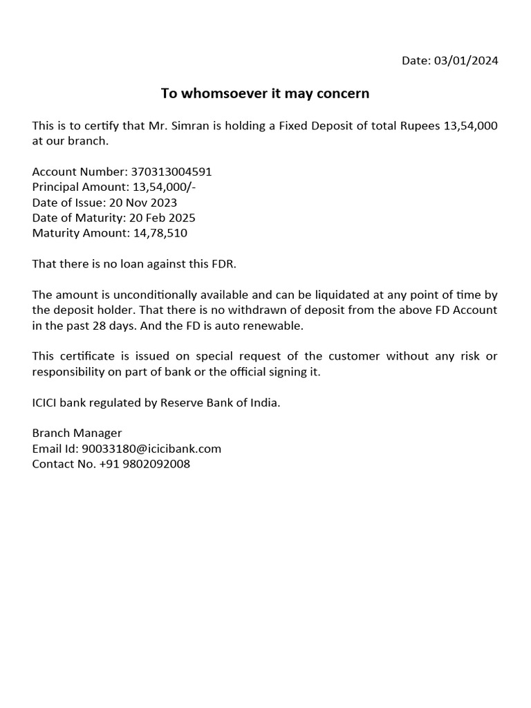 Simran Icici FD | PDF