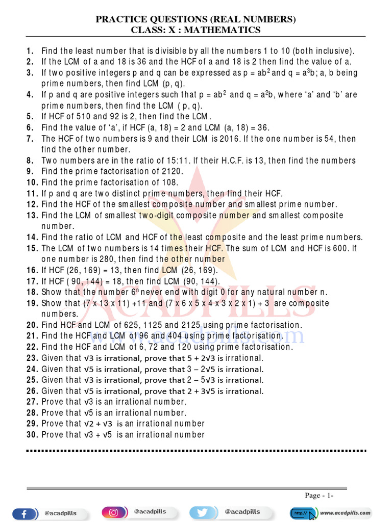 Class 10 Real Numbers Practice Questions | PDF | Finance & Money ...