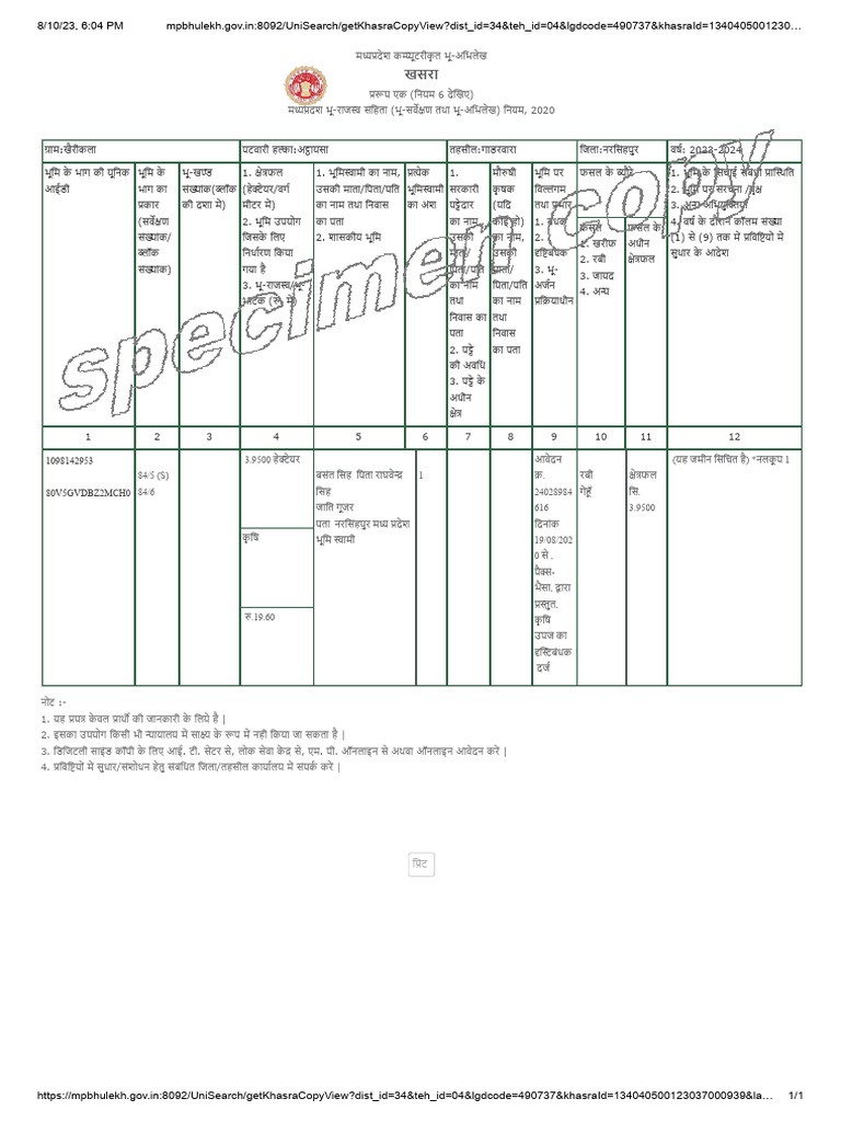 Khasra Sinchit | PDF