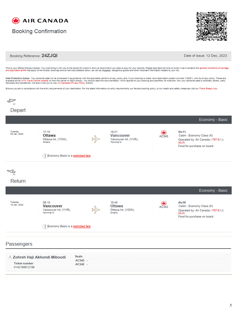 Air Canada Booking Confirmation 24ZJQI | PDF | Transport | Aviation