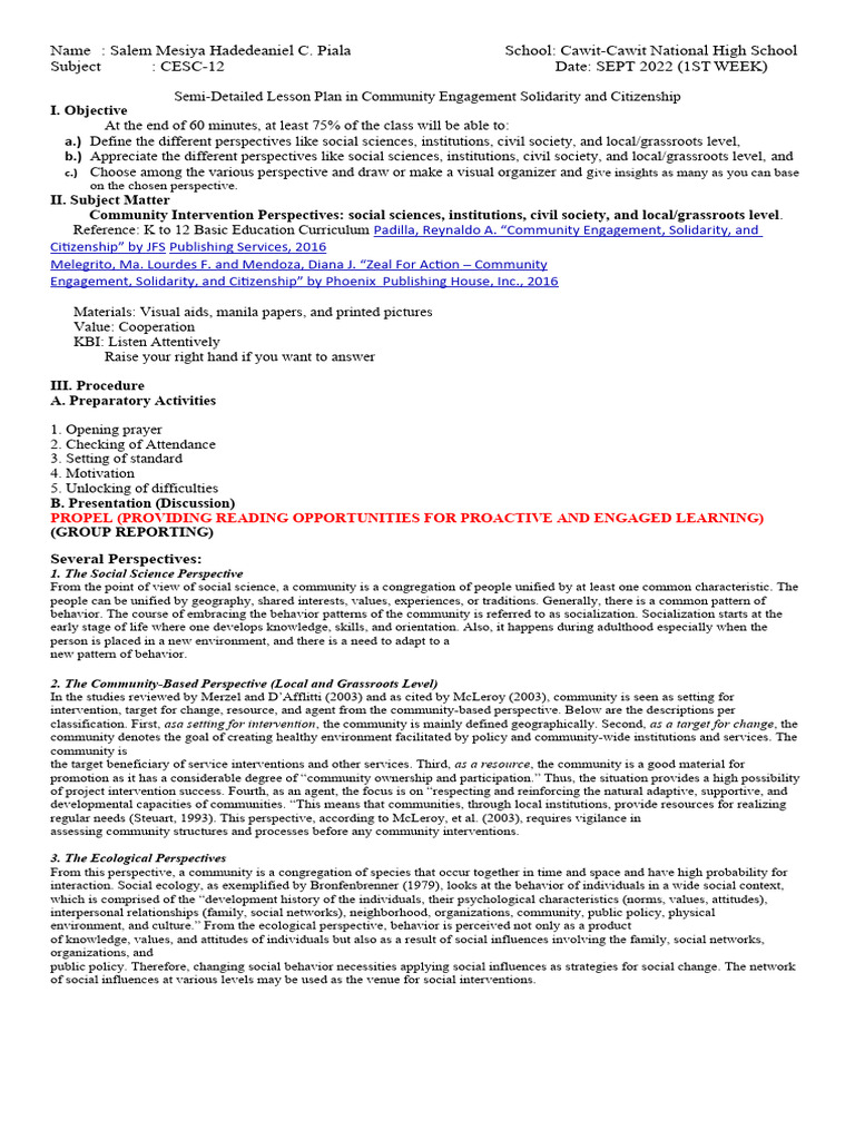 LESSON PLAN CESC 12 Sept 1st Week | PDF | Community | Behavior