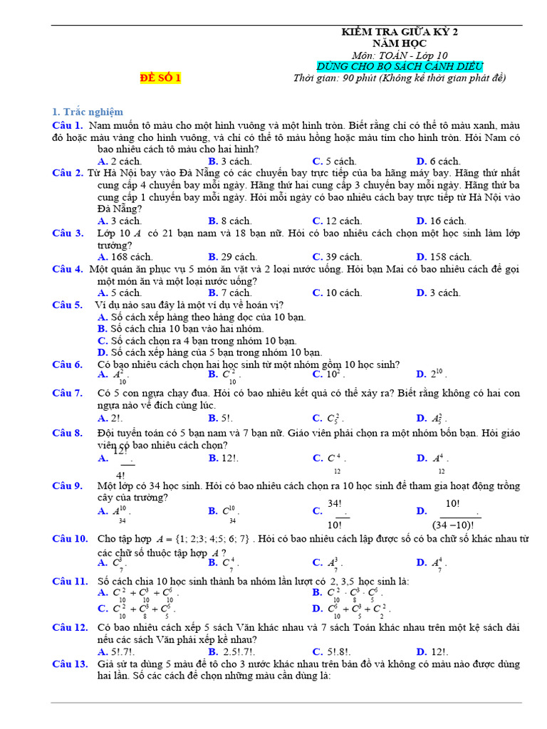 10 de Kiem Tra Giua Hoc Ky 2 Toan 10 Canh Dieu Co Dap An Va Loi Giai | PDF