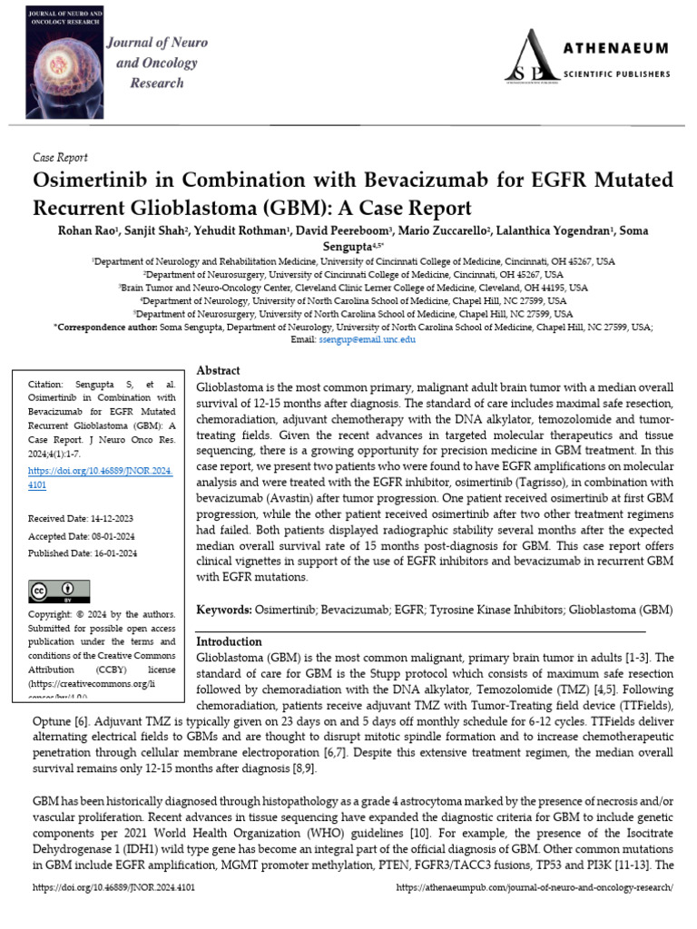 Osimertinib in Combination With Bevacizumab For EGFR Mutated Recurrent Glioblastoma GBM A Case ...