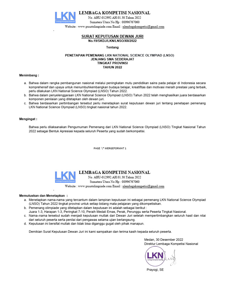 Pengumuman Tingkat Provinsi LKN National Science Olympiad (Lnso) Sma | PDF