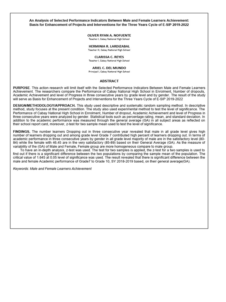 Male-vs-Female-Academic-Performance-2019-Tarp | PDF | Literacy | Standard Deviation