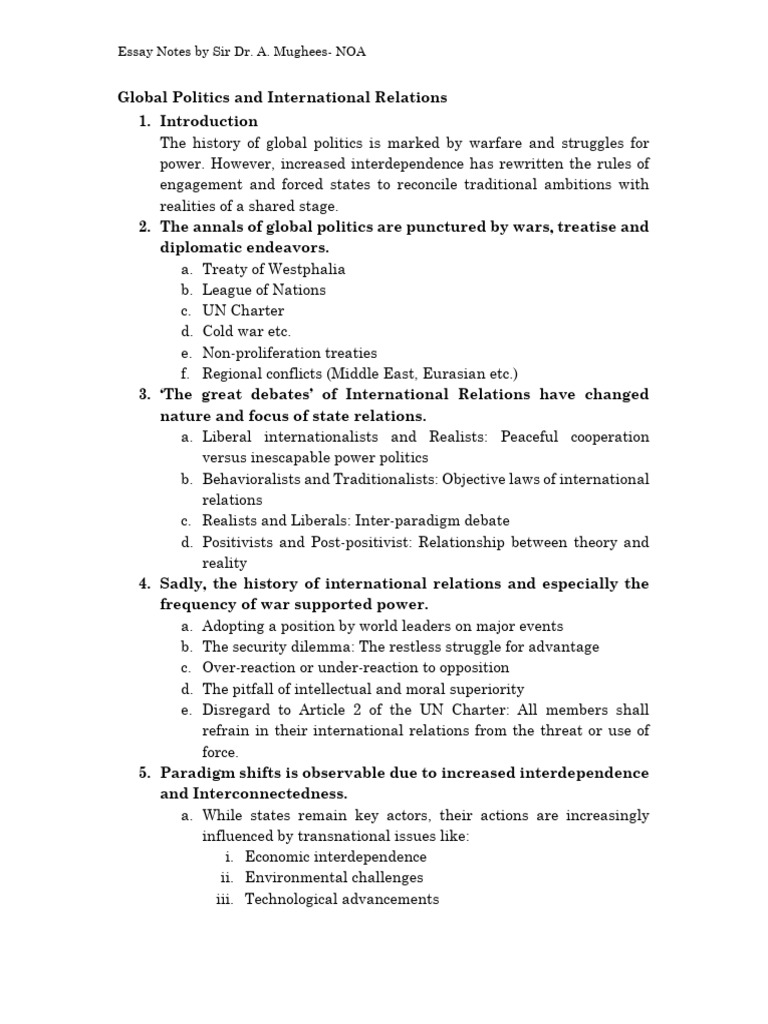 Essay Outline and Intro-Global Politics and International Relations ...