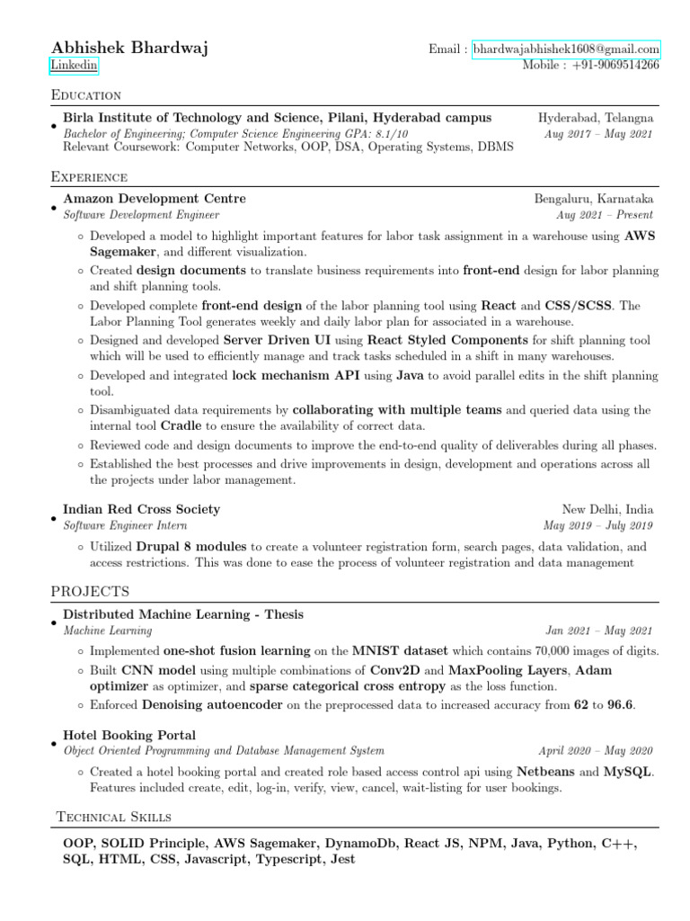 Abhishek Bhardwaj Sde Resume Pdf Databases Object Oriented Programming 