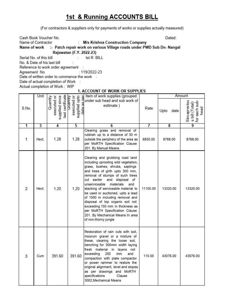 1st & Running ACCOUNTS BILL | PDF | Road | Concrete