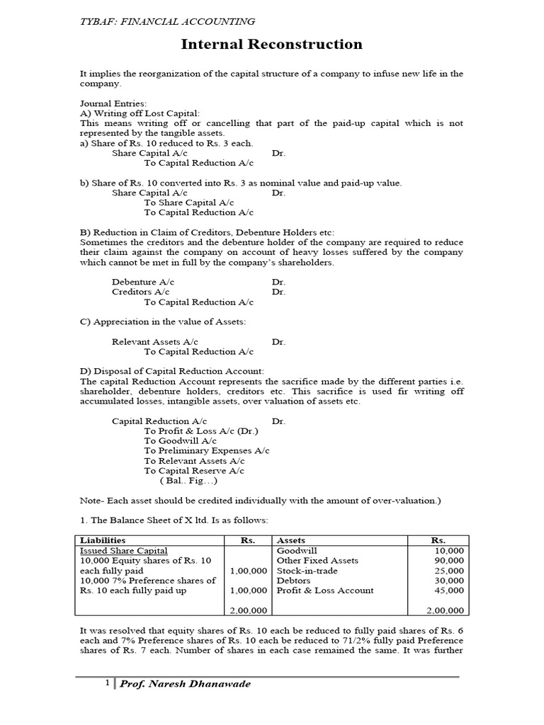 Internal Reconstruction | PDF | Equity (Finance) | Balance Sheet