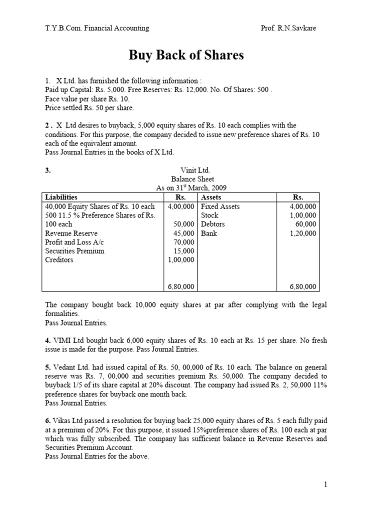 Buyback | PDF | Equity (Finance) | Balance Sheet