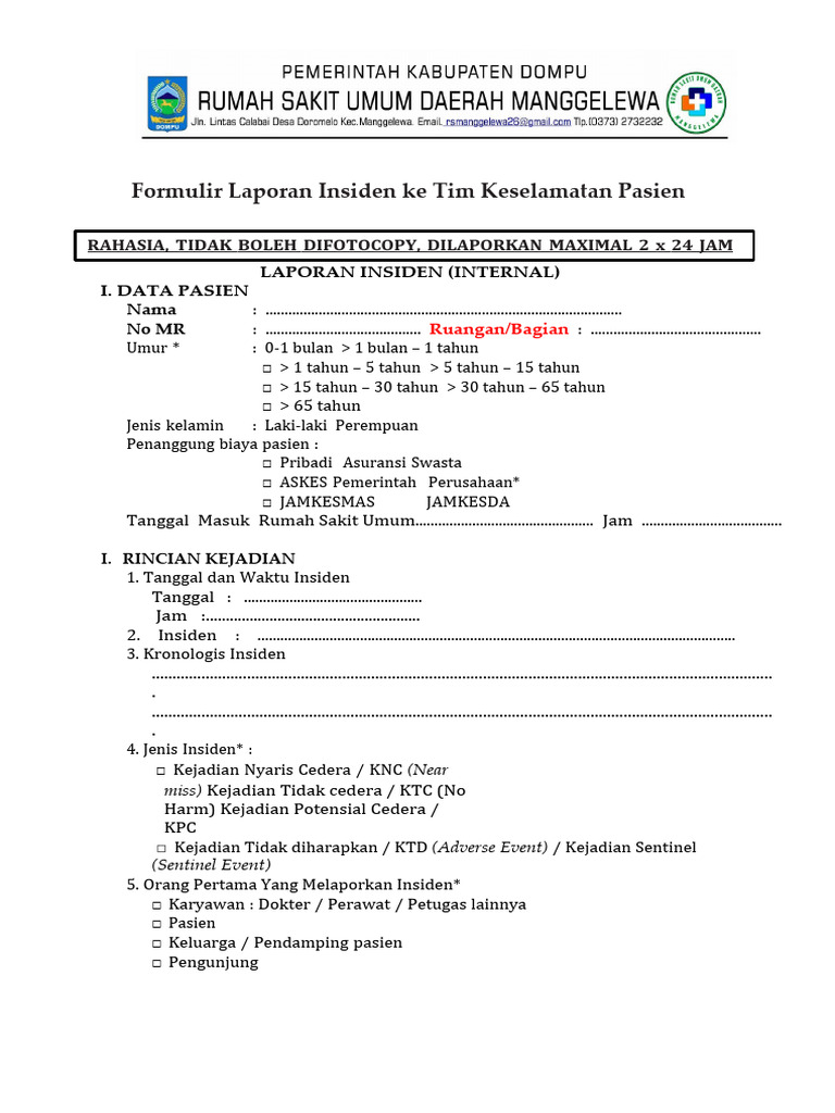 Formulir Laporan Insiden Keselamatan Pasien | PDF