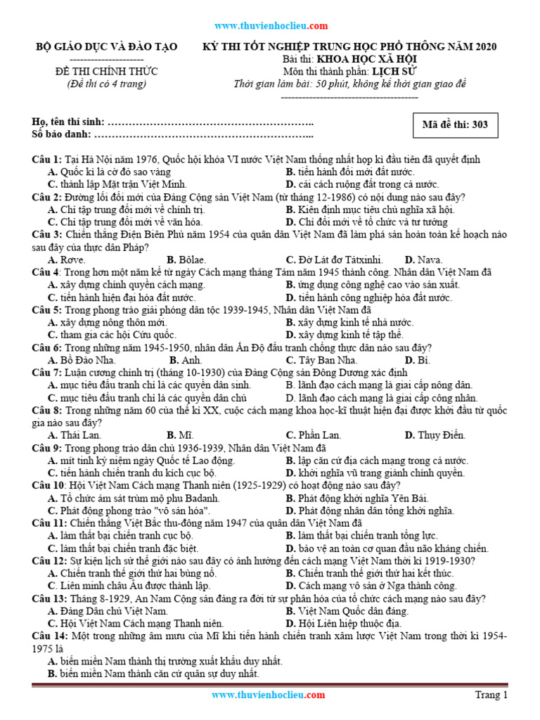 De Thi Va Dap An Tot Nghiep THPT Lich Su 2020 Dot 1 | PDF