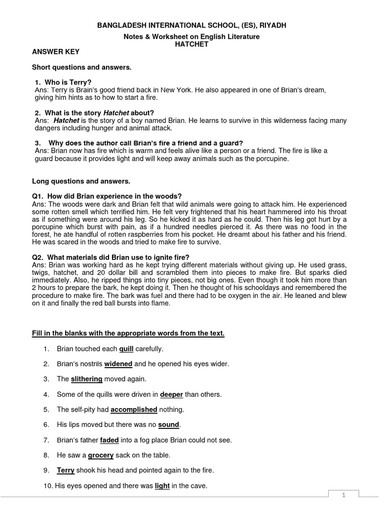 Hatchet Answer Key and Worksheet | PDF | Home & Garden