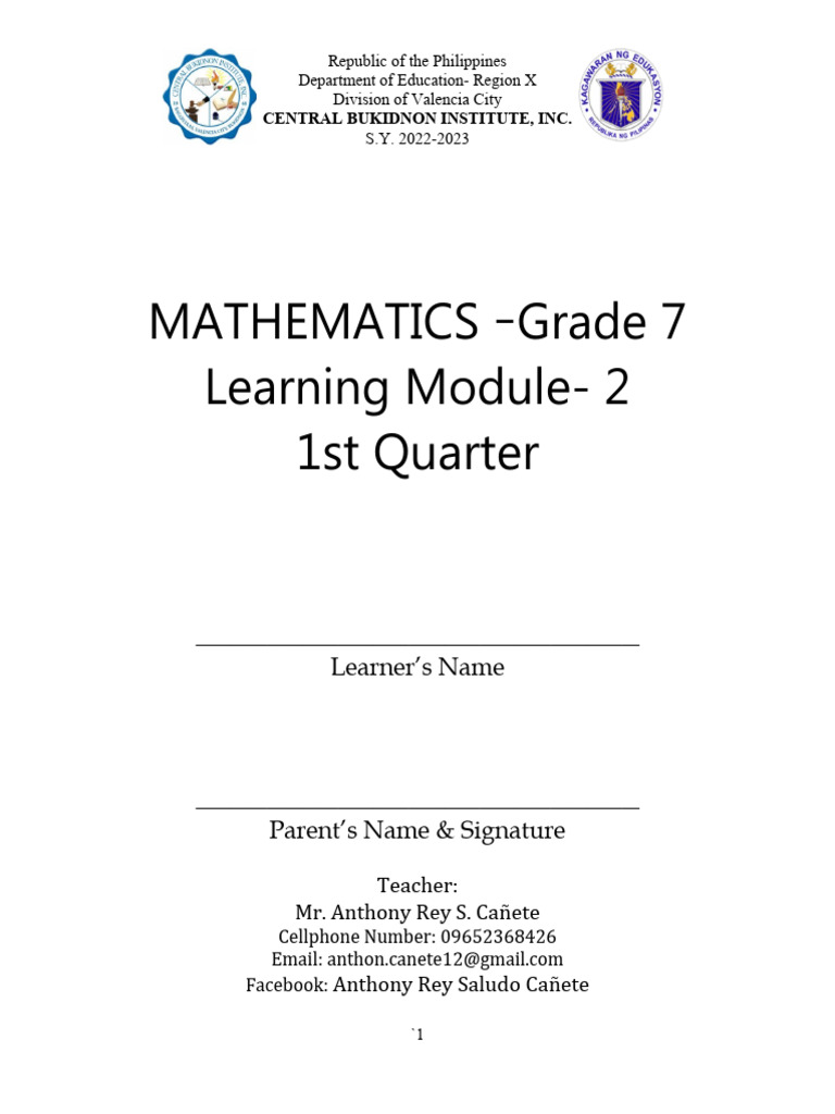 Math7 Q1M2 | PDF | Learning