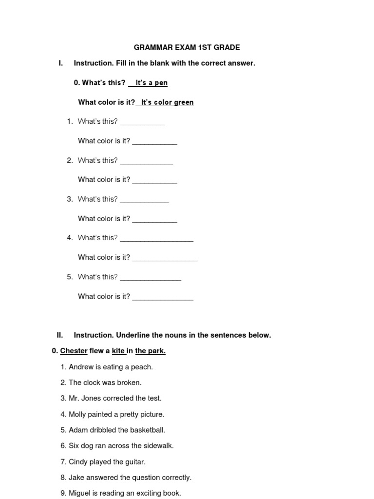 Grammar Exam 1st Grade | PDF