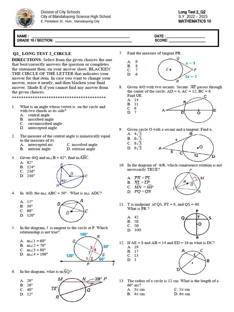 Grade 10 Math Circle Test | PDF | Circle | Angle