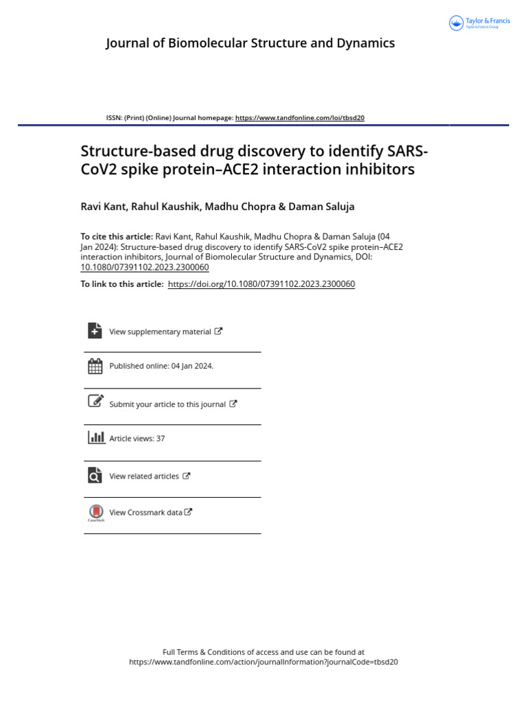 Structure Based Drug Discovery To Identify Sars Cov2 Spike Protein Ace2