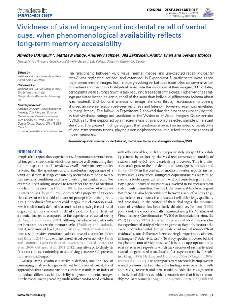 Vividness of Visual Imagery and Incident | PDF | Mental Image | Recall (Memory)