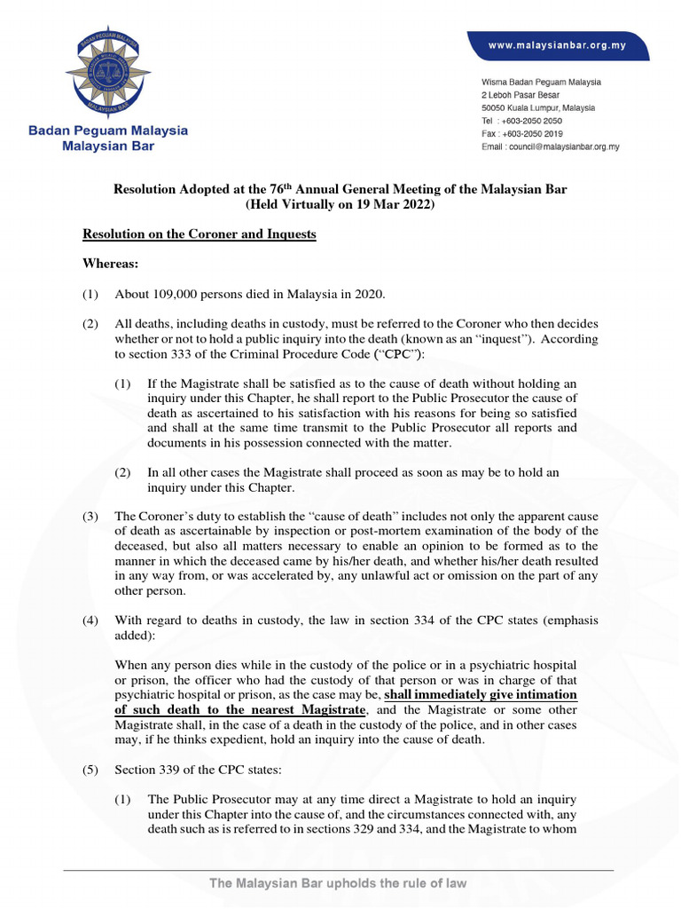 Resolution On The Coroner and Inquests | PDF | Coroner | Detention ...