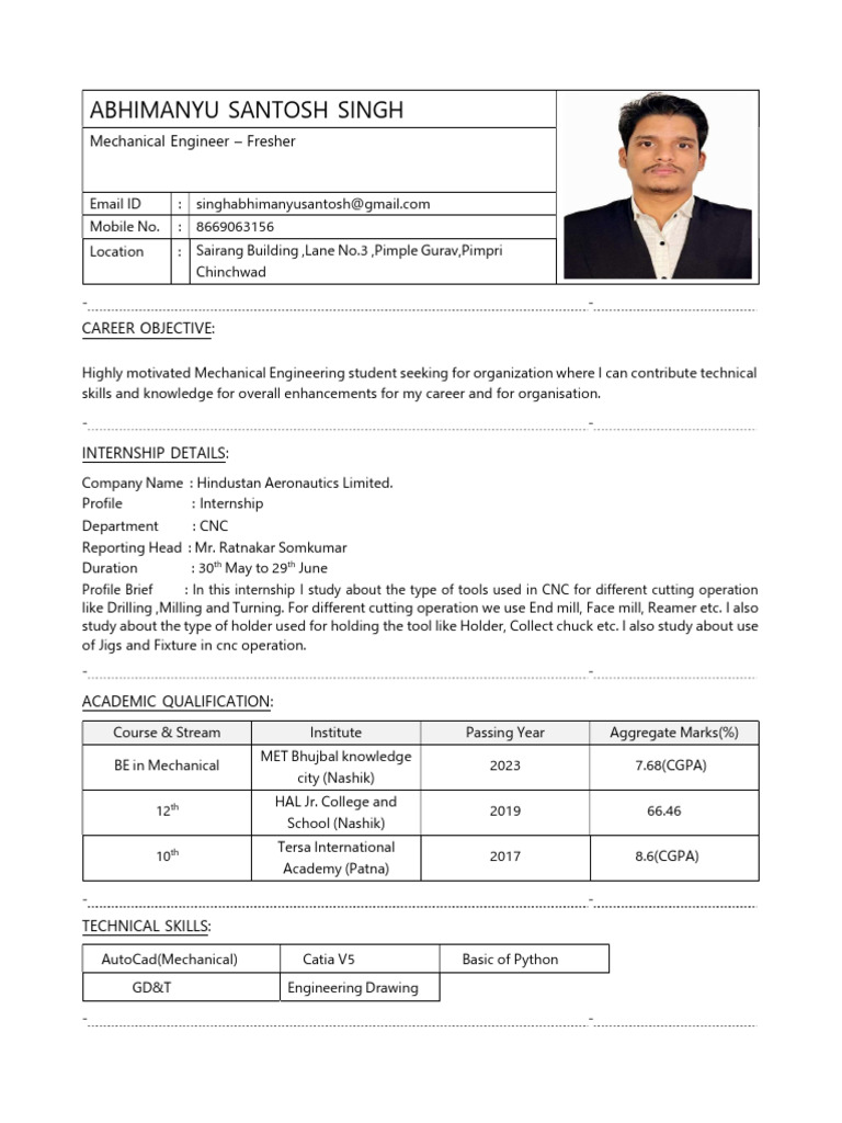CV - Abhimanyu Santosh Singh | PDF | Heat Treating | Crafts