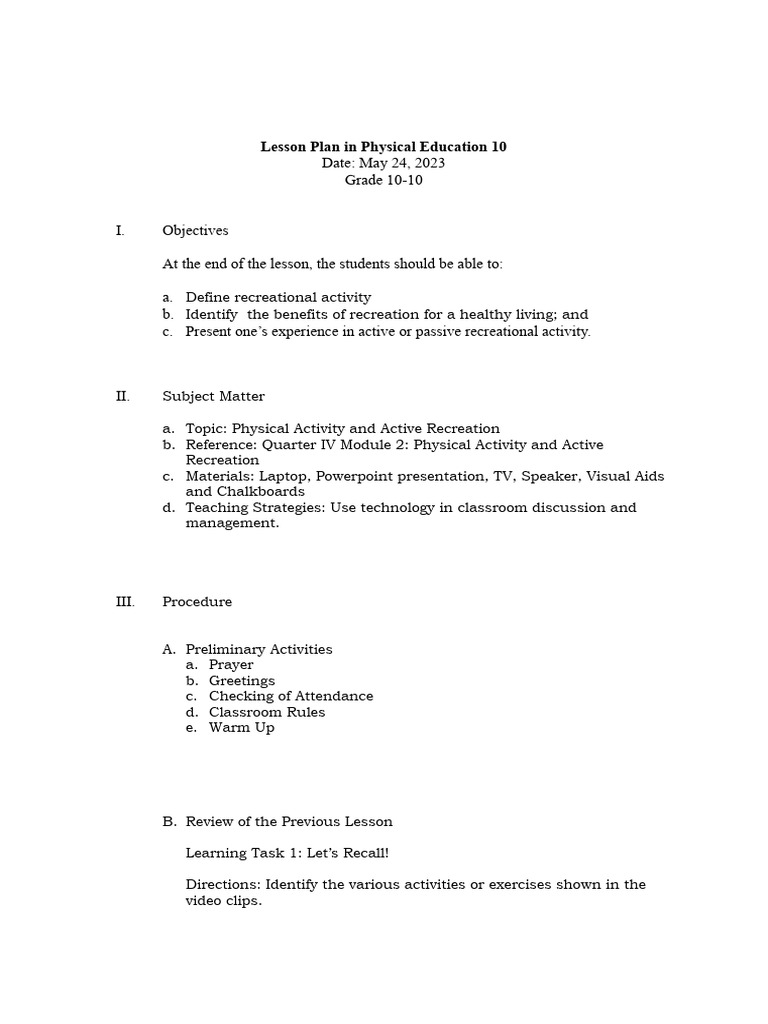 Grade 10 PE Lesson Plan: Recreation Activities | PDF | Lesson Plan ...