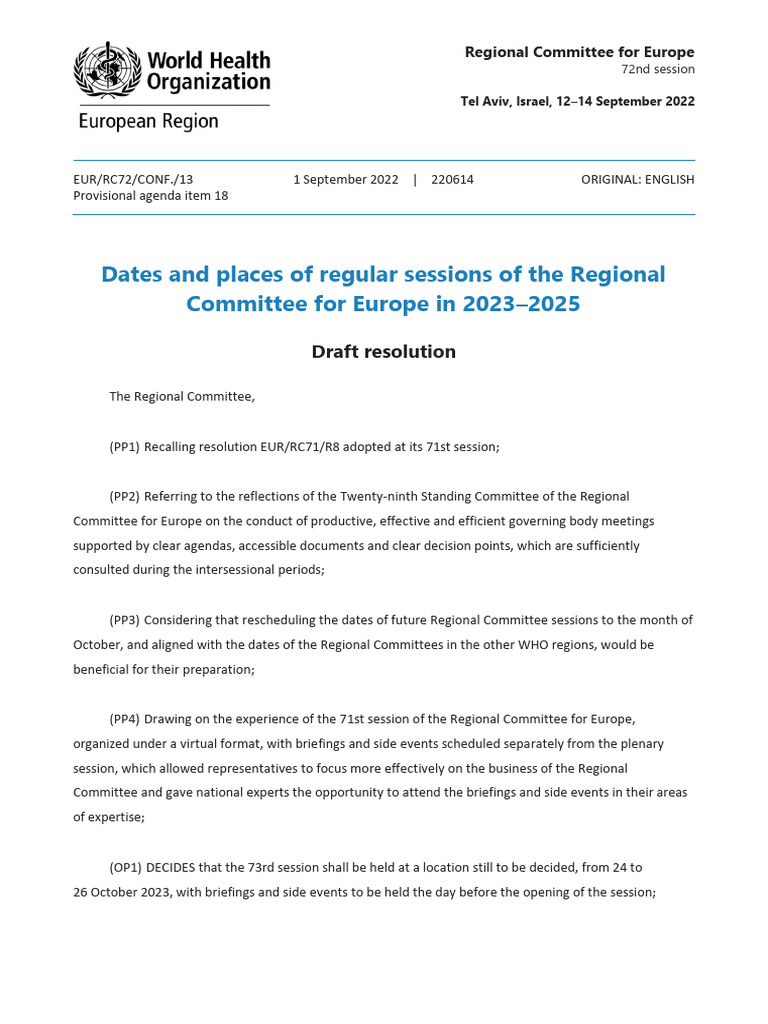 Dates and Places of Regular Sessions of The Regional Committee For ...