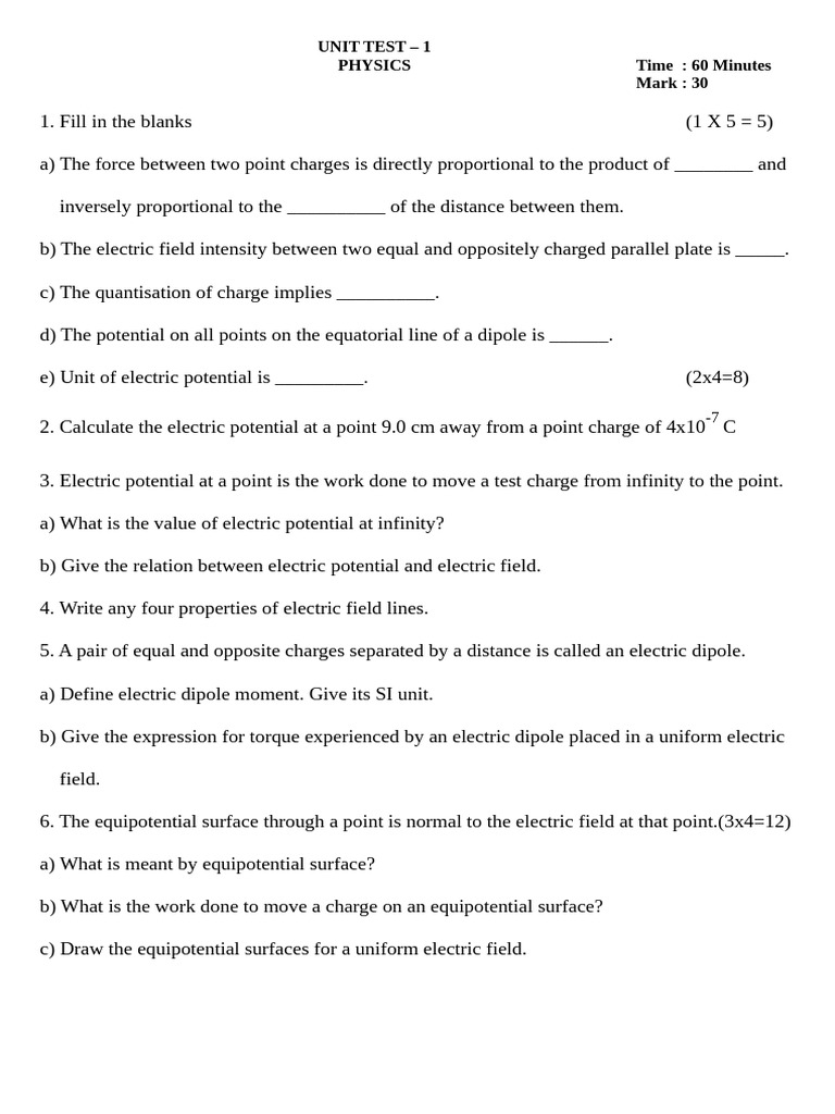 Physics Unit Test June 2023 | PDF | Electric Field | Dipole