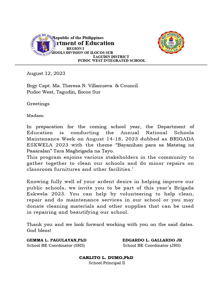 Letter of Invitation For Brigada Eskwela 2023 | PDF | Social Science