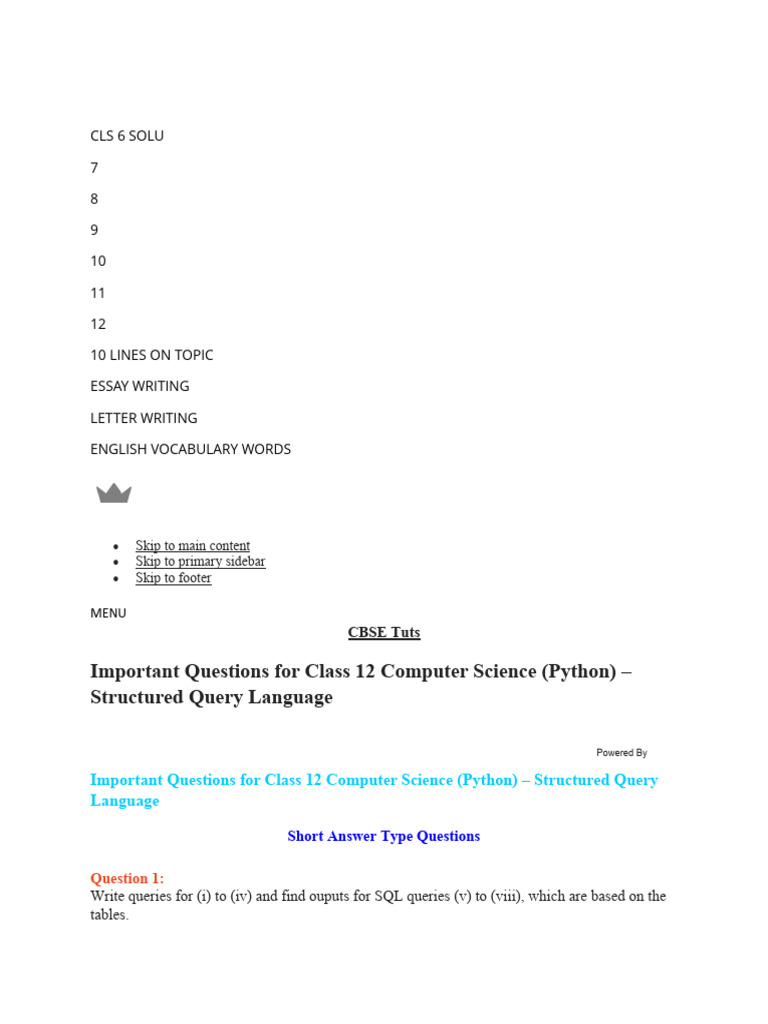 Important Questions For Class 12 Computer Science (Python) - Structured Query Language | PDF ...