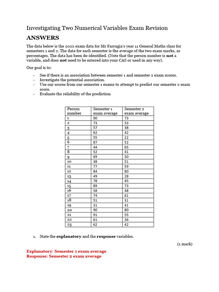11 Semester 2 Exam Revision INVESTIGATING TWO NUMERICAL VARIABLES ANSWERS | PDF | Ordinary Least ...