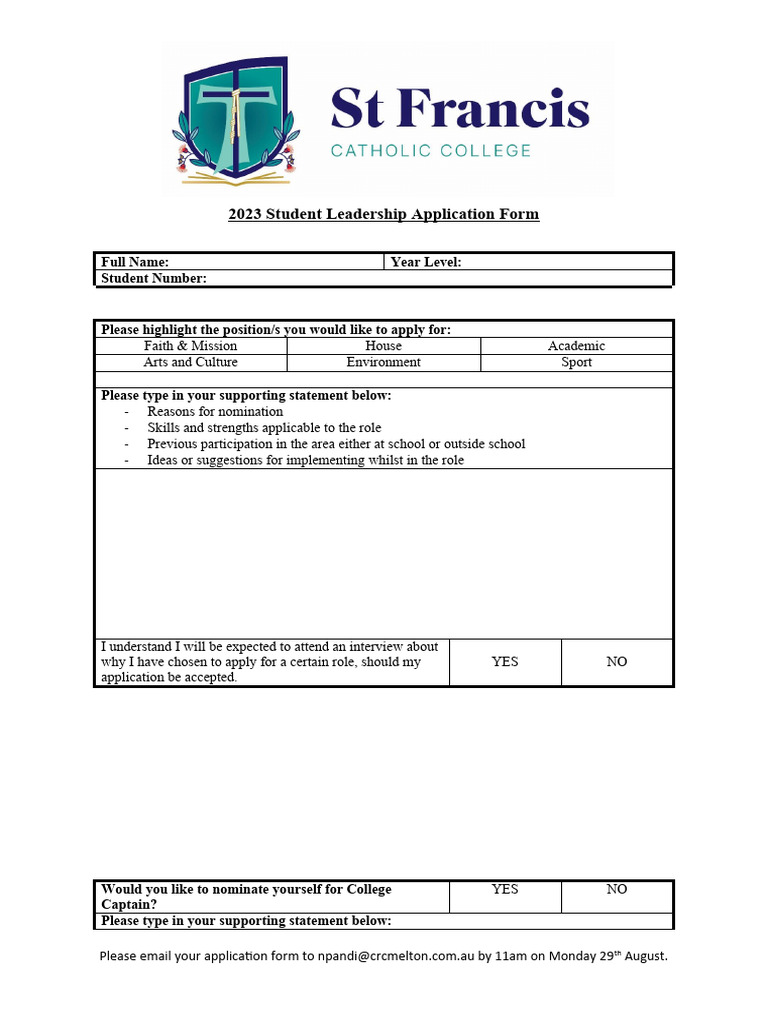 2023 Student Leadership Application Form (5863) | PDF