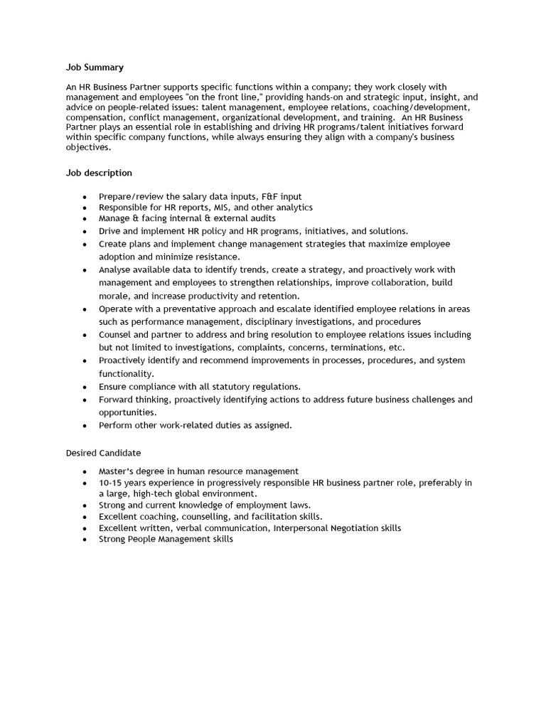 Job Description - HRBP | PDF
