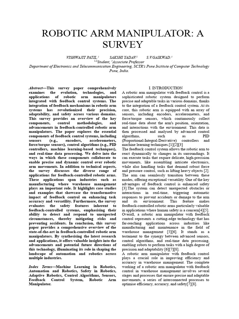 A Survey of Robotic Arm Manipulator | PDF | Robotics | Control Theory