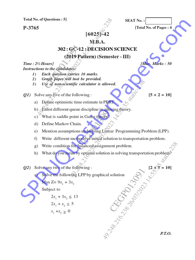 Postgraduate PG Mba Semester 3 2023 May Decision Science Pattern 2019 ...