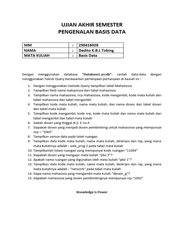Uas - 2024 - Pengantar Basis Data | PDF