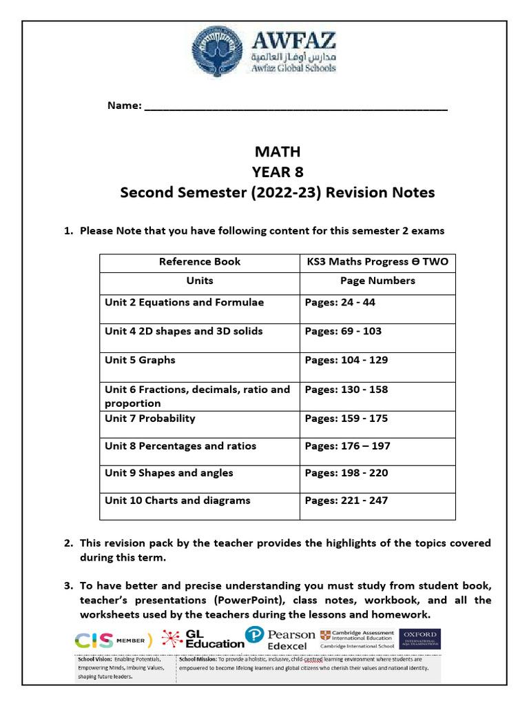 Maths - Year 8 Study Notes | PDF | Ratio | Area