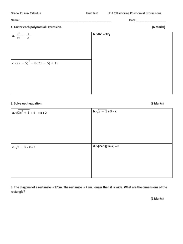Grade 11 Unit 2 Test Factoring Polynomial Expressions | PDF