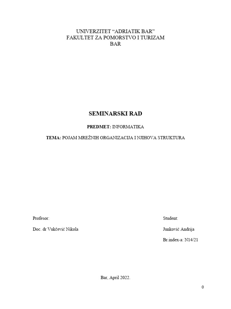 Seminarski Rad: Univerzitet "Adriatik Bar" Fakultet Za Pomorstvo I Turizam BAR | PDF