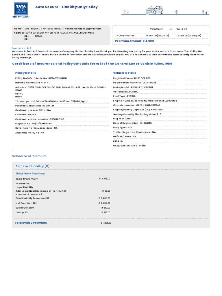 Tata AIG Motor Policy Schedule - 3184 - 6202425513-00 | PDF | Insurance ...