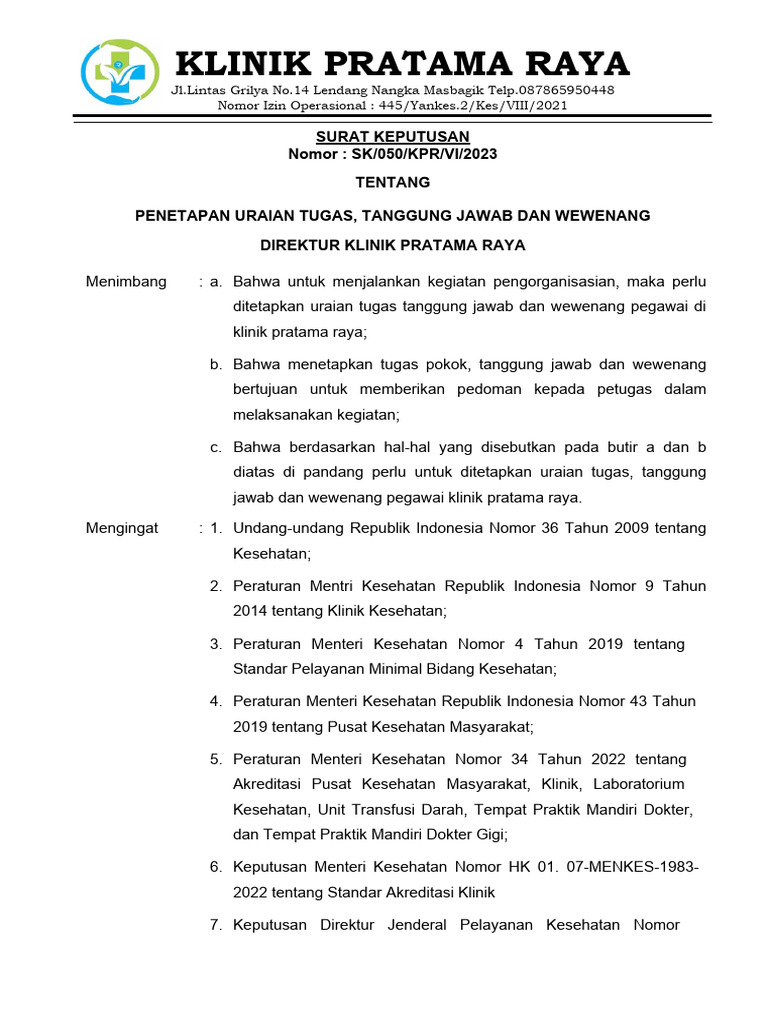 SK Penetapan Uraian Tugas Tanggung Jawab Dan Wewenang | PDF