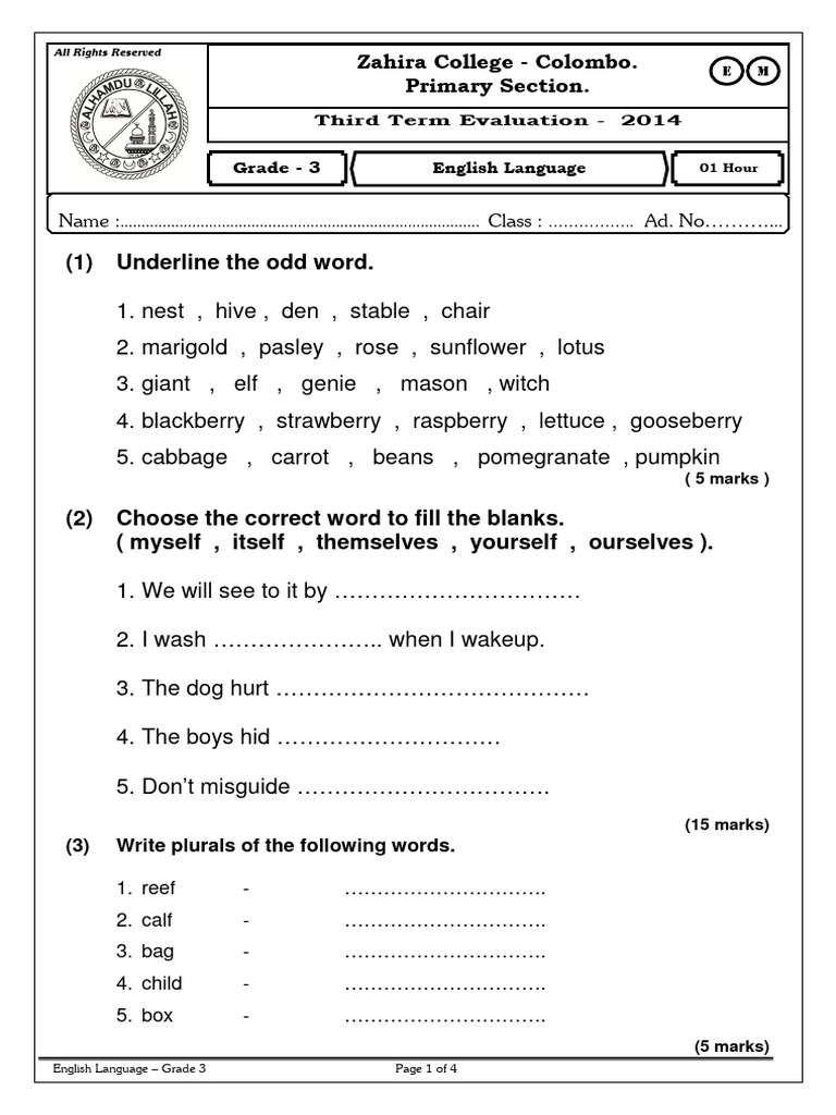 Grade 03 English 3rd Term Test Paper 2014 English Medium - Zahira ... Grade 03 English 3rd Term Test Paper 2014 English Medium - Zahira ...