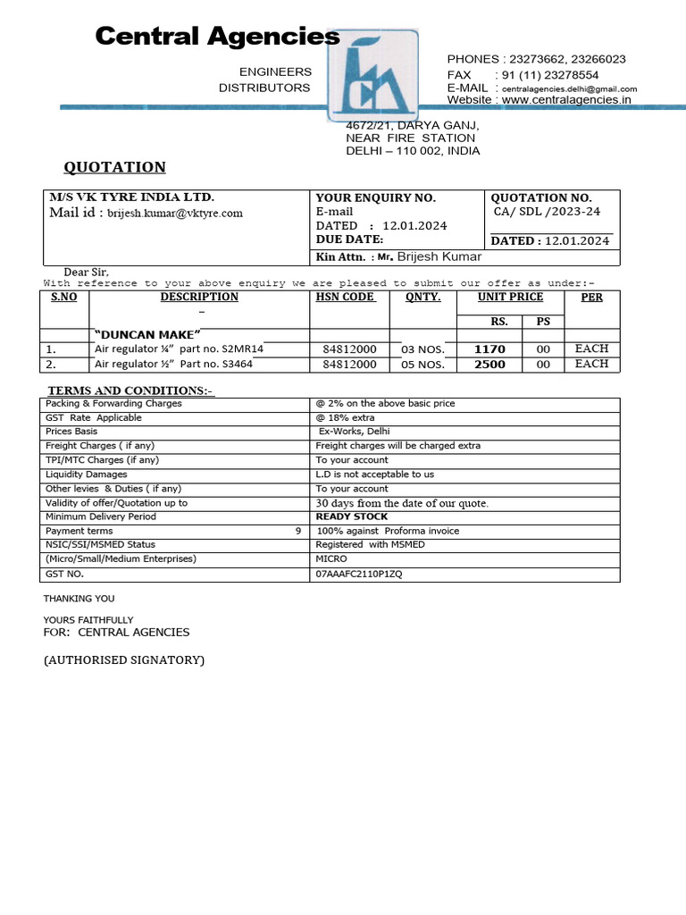 VK Tyre India LTD Quotation 12-01-2024 | PDF | Economies | Government