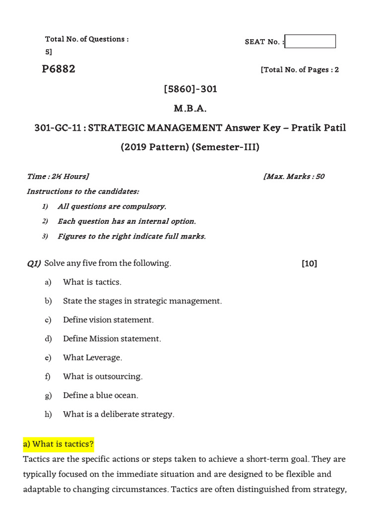 MBA Strategic Management Key | PDF | Strategic Management | Competitive ...