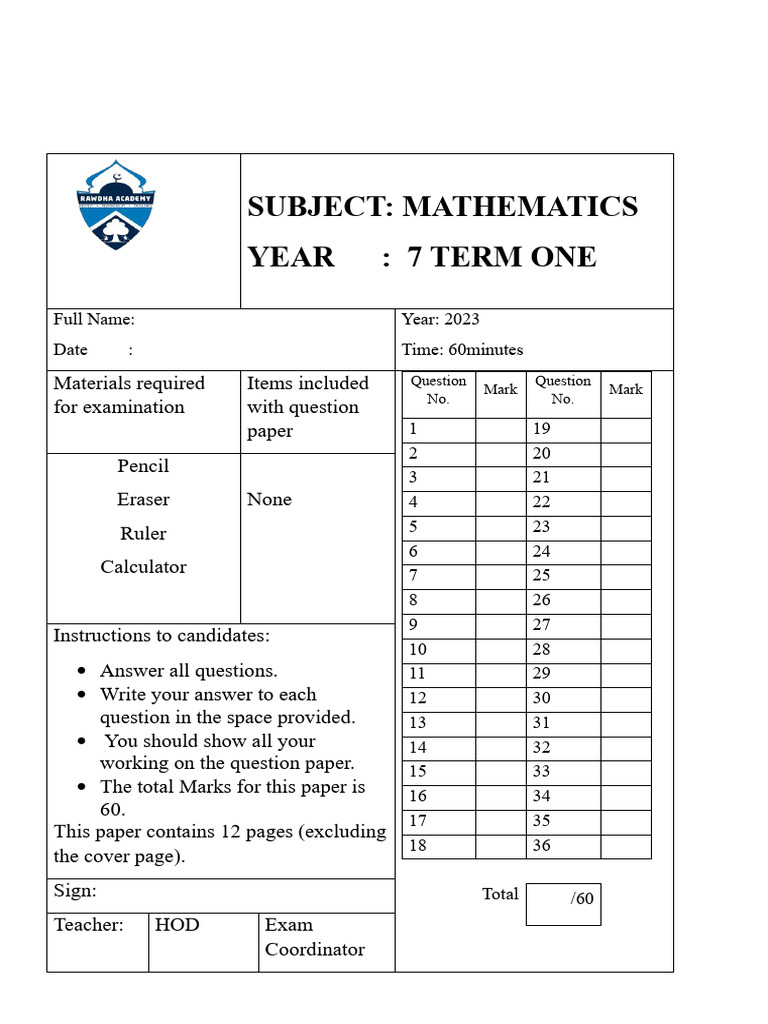 Year Seven Mathematics End of Term One 2023 | Download Free PDF ...