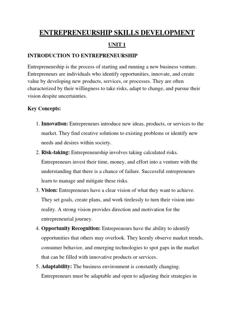 Entrepreneurship Skills Development (Unit 1) Notes | Download Free PDF ...