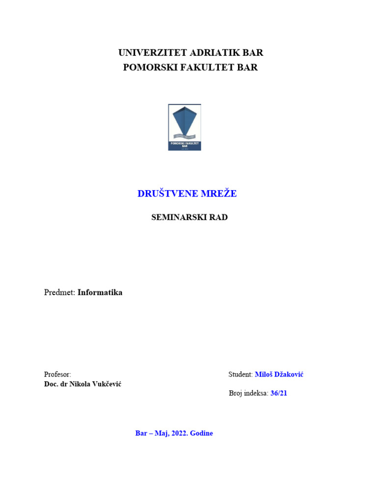 Univerzitet Adriatik Bar Pomorski Fakultet Bar: Društvene Mreže | PDF